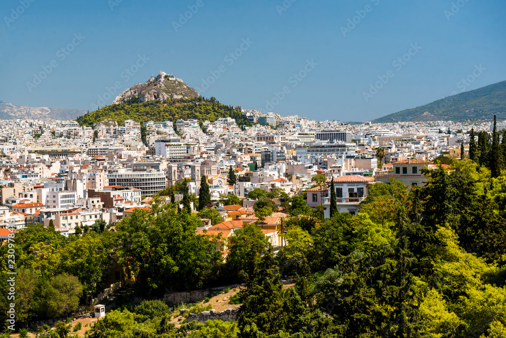 View of Athens and Likavitos Hill over the rooftops of the Plaka ...