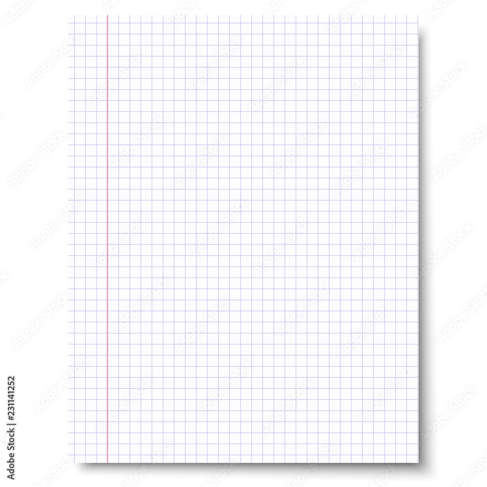 Notebook checkered sheet of paper placed vertically isolated on white background. Vector paper ...