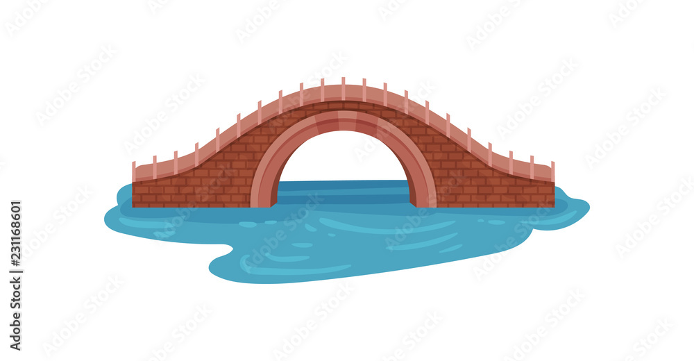 Old brick bridge over blue river. Arch footbridge. Landscape element ...