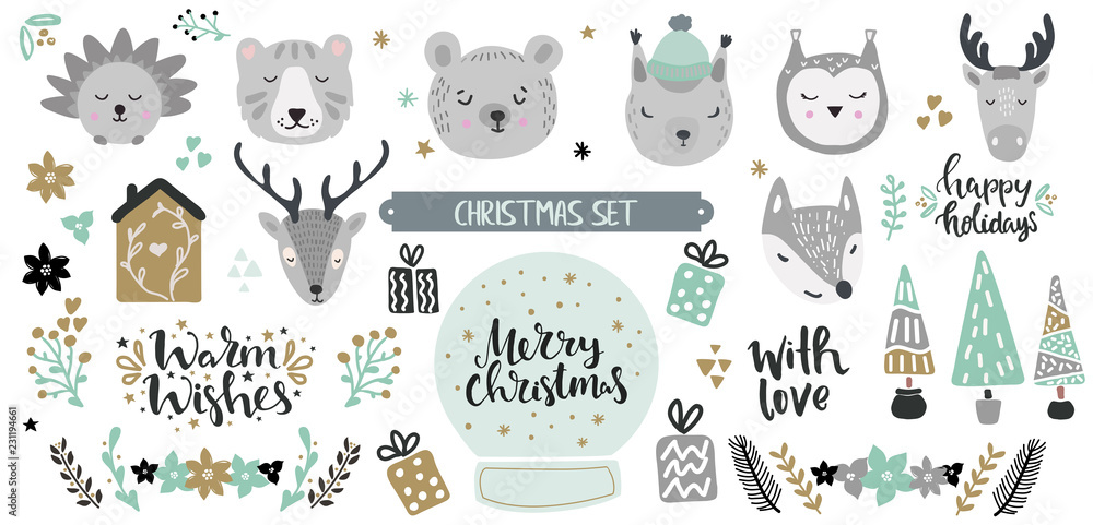 Big set of cute animal faces and christmas hand drawn lettering and ...