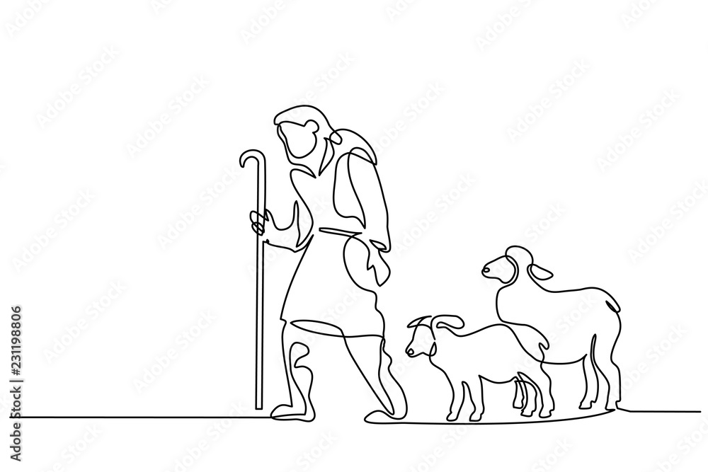 Merry Christmas shepherd and sheeps. Continuous one line drawing ...