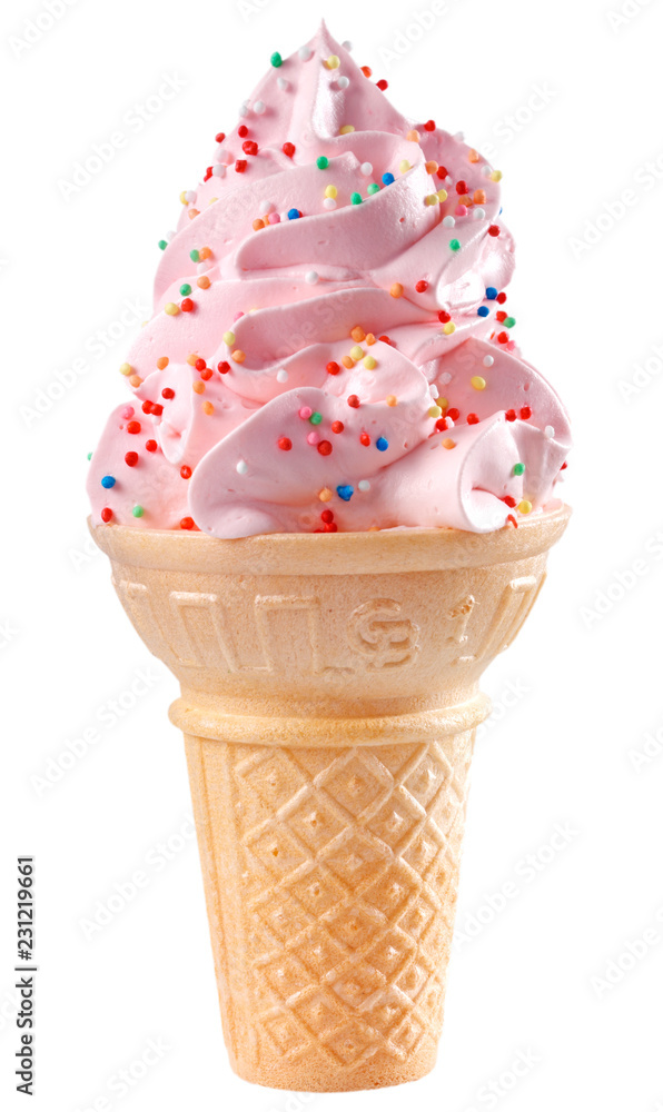 STRAWBERRY ICE CREAM CONE WITH SPRINKLES ON WHITE Stock Photo | Adobe Stock