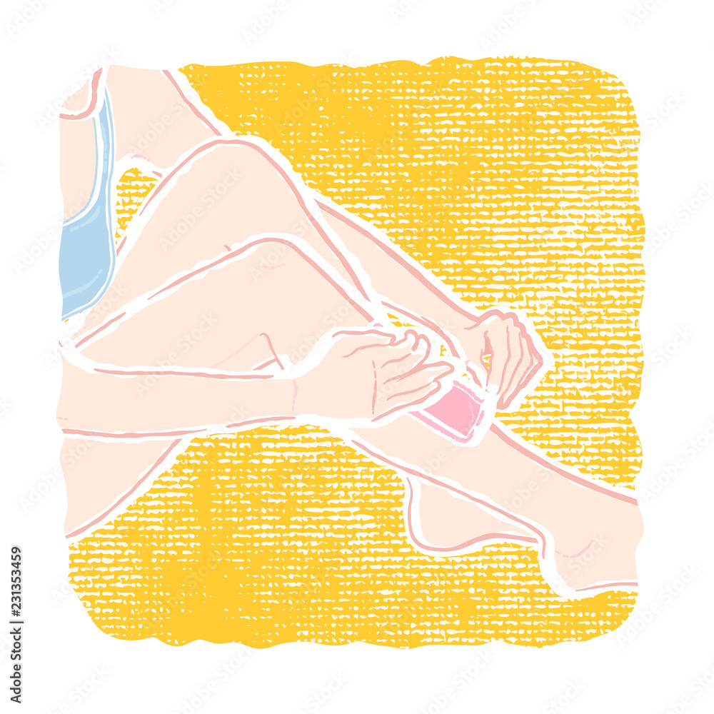 Vector path illustration of a young healthy slim woman who is waxing ...