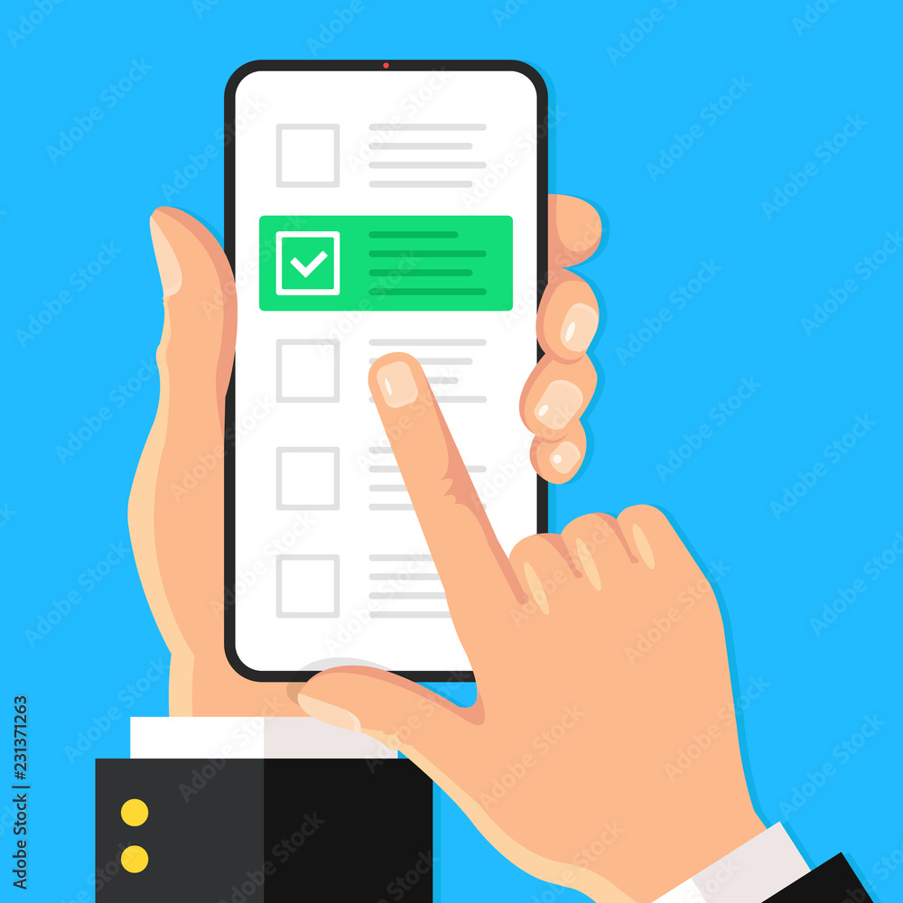 Checklist on smartphone screen. Online survey concept. Hand holds ...