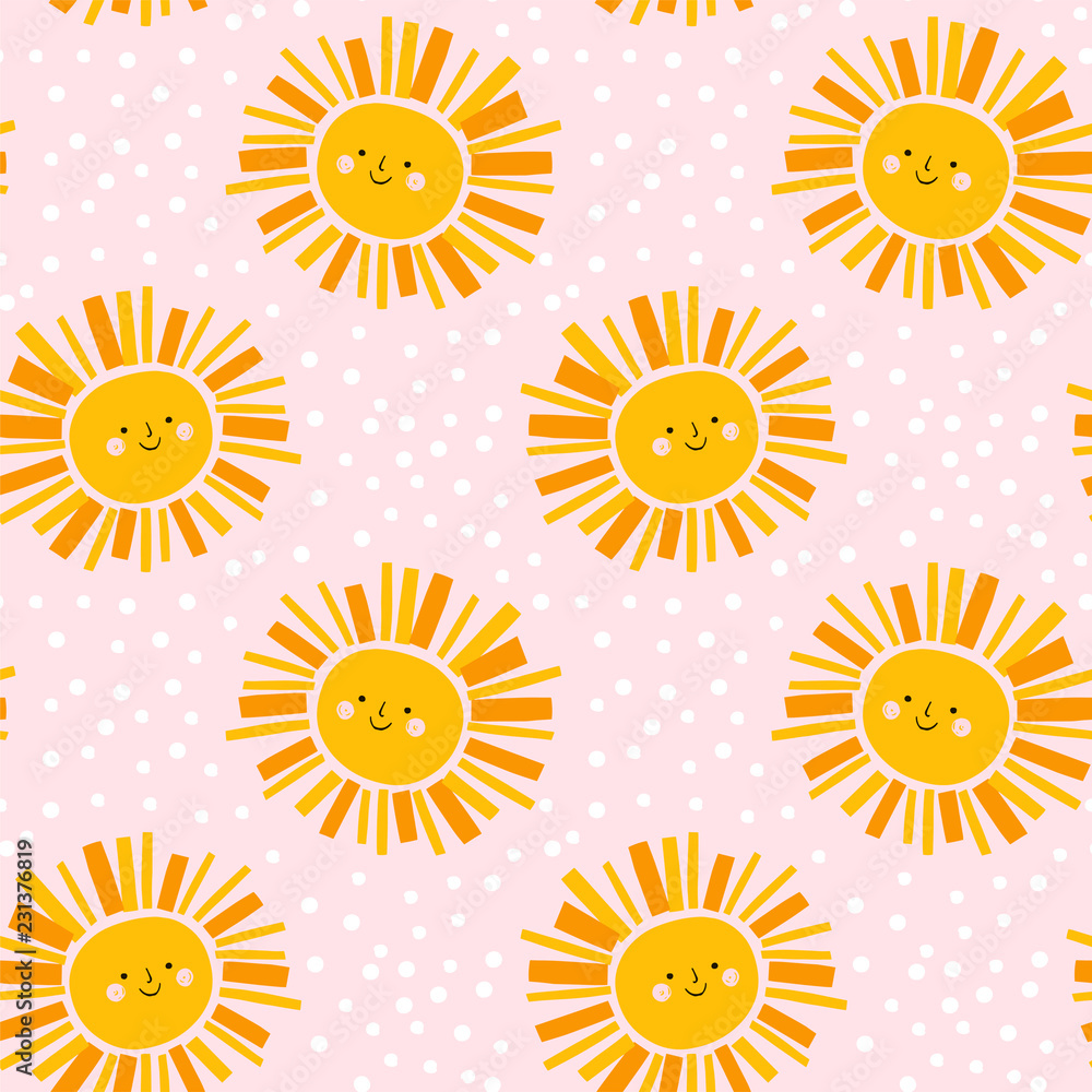 Cute sun pattern. Girl sky vector seamless background in yellow and ...