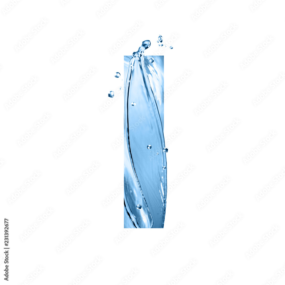 stylized font, text made of water splashes, capital letter i, isolated ...