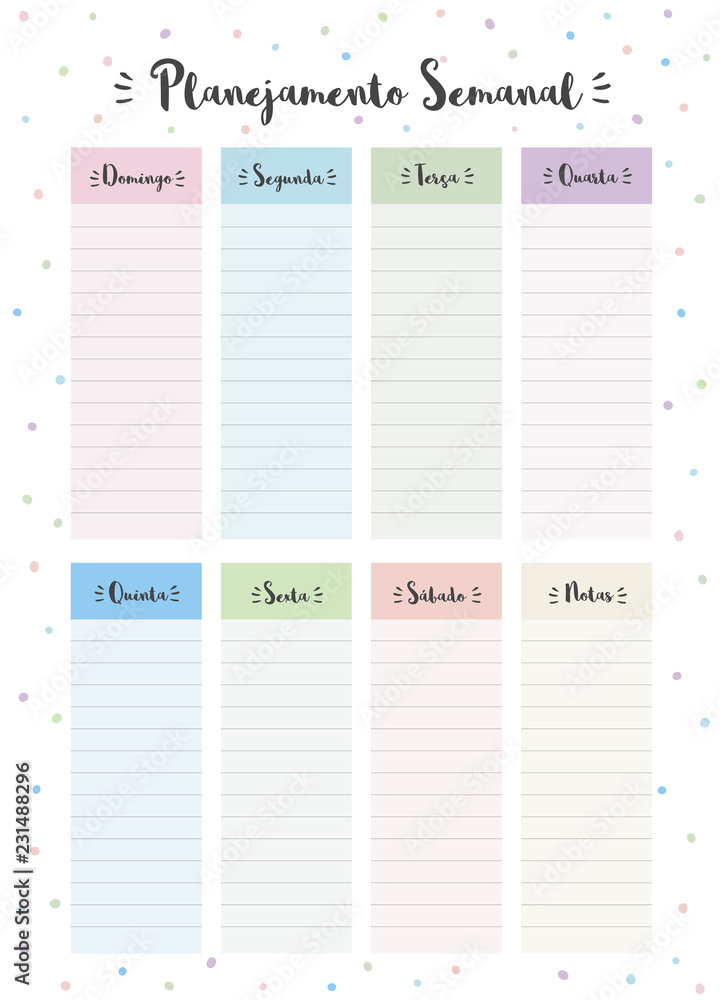 Simple Colorful Portuguese Weekly Planner. Printable Vector Schedule ...