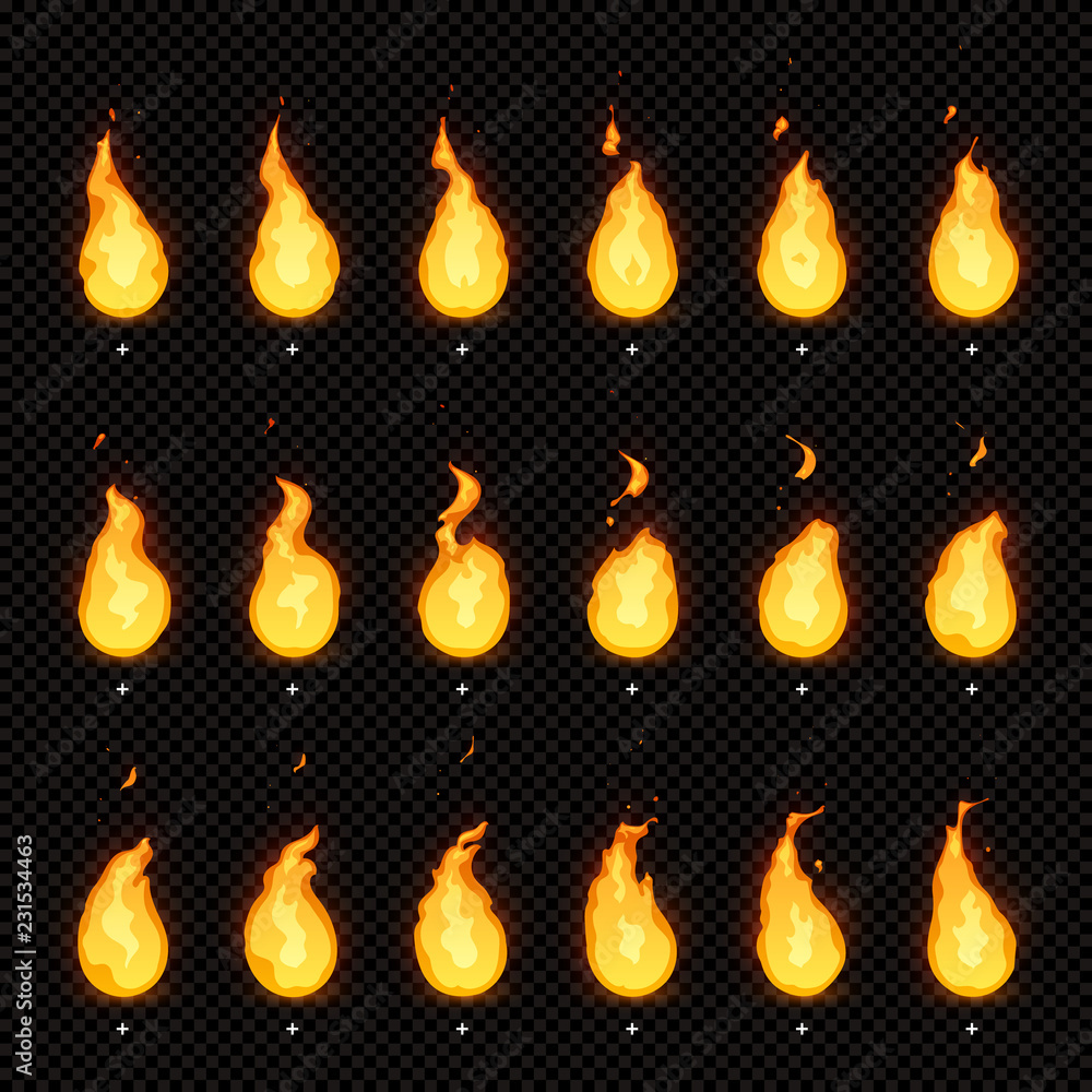 Fire animation. Flaming flame, fiery blaze and animated blazing fire ...