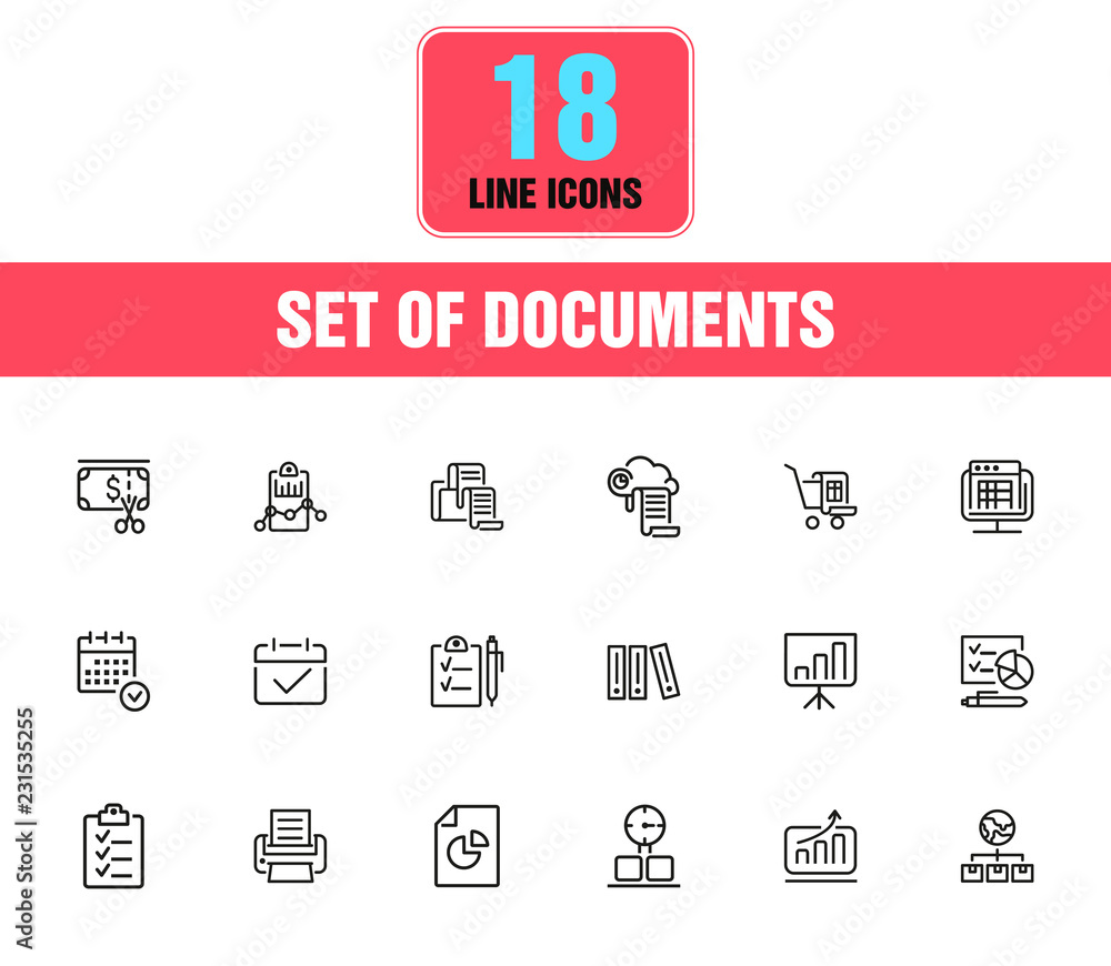 Documents icons. Set of line icons. Invoice, diagram, report. Document ...