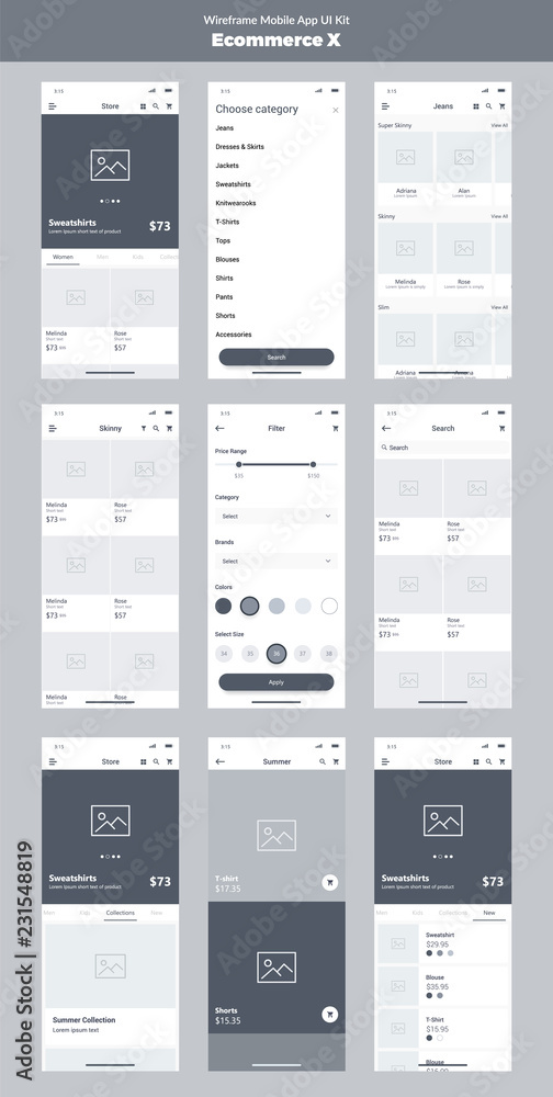 Vetor Wireframe kit for mobile phone. Mobile App UI, UX design. New ecommerce: store, filter ...