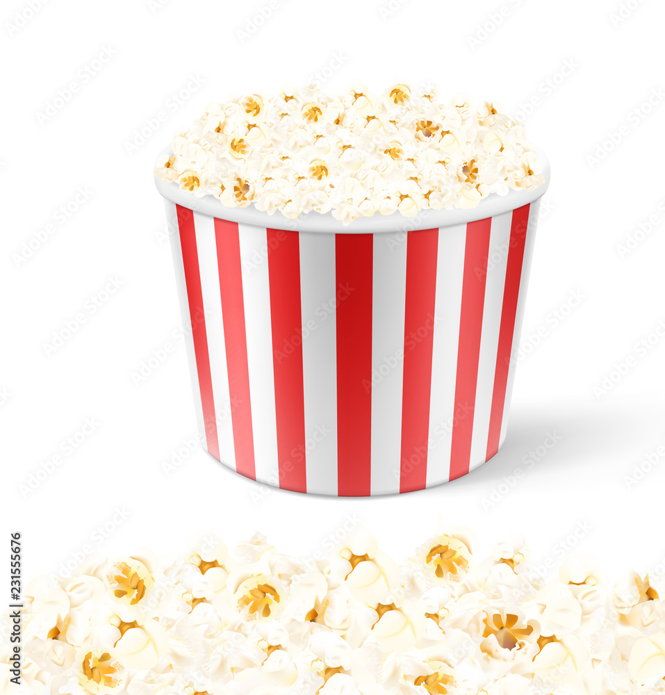 Realistic white pop corn bucket with red strips. Vector illustration ...