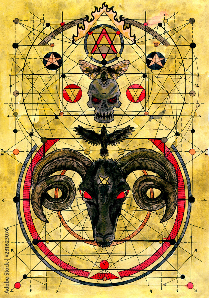 Diabolic pattern with sacred geometry, devil goat head, moth, skull and ...
