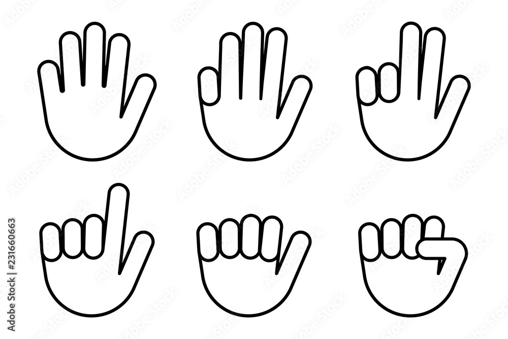 Hand icons with finger count. Hand gesture symbols, counting by bending fingers. Vector clip art ...