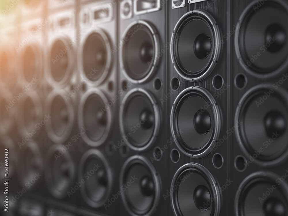Audio sound speaker system. Black loudspeakers in a row with DOF effect ...