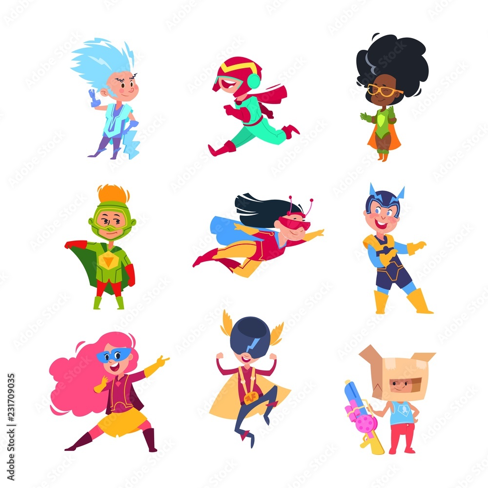 Superhero kids. Children wearing in superheroes costumes. Carton ...