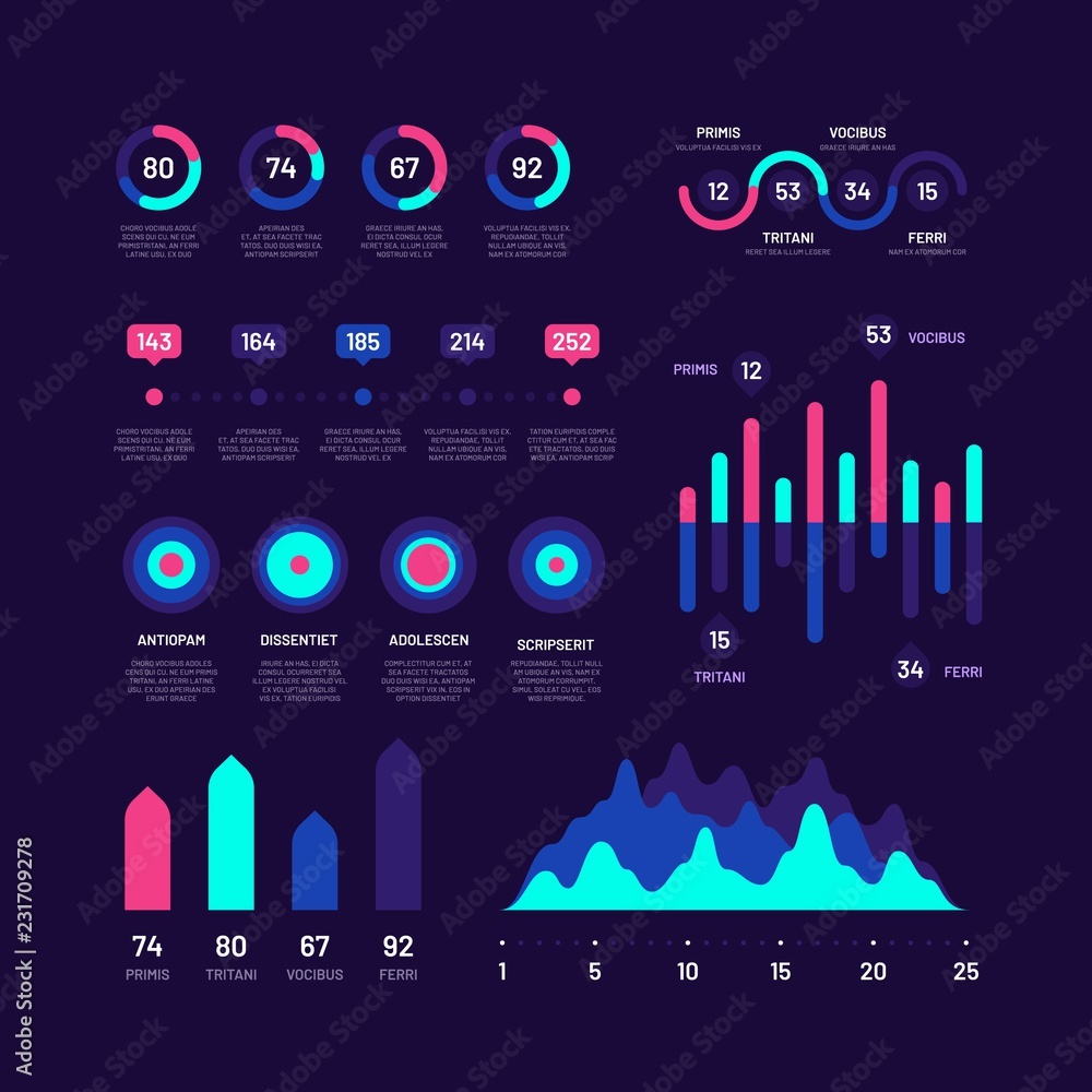 Infographic elements. Bar graphs marketing infographics, pie charts ...