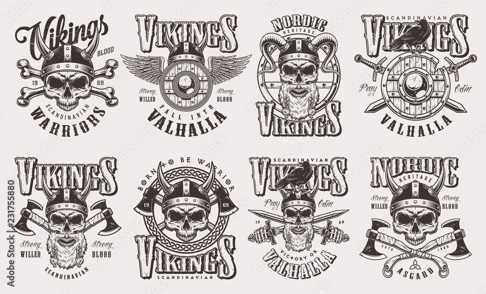 Vintage monochrome viking labels set Stock Vector | Adobe Stock