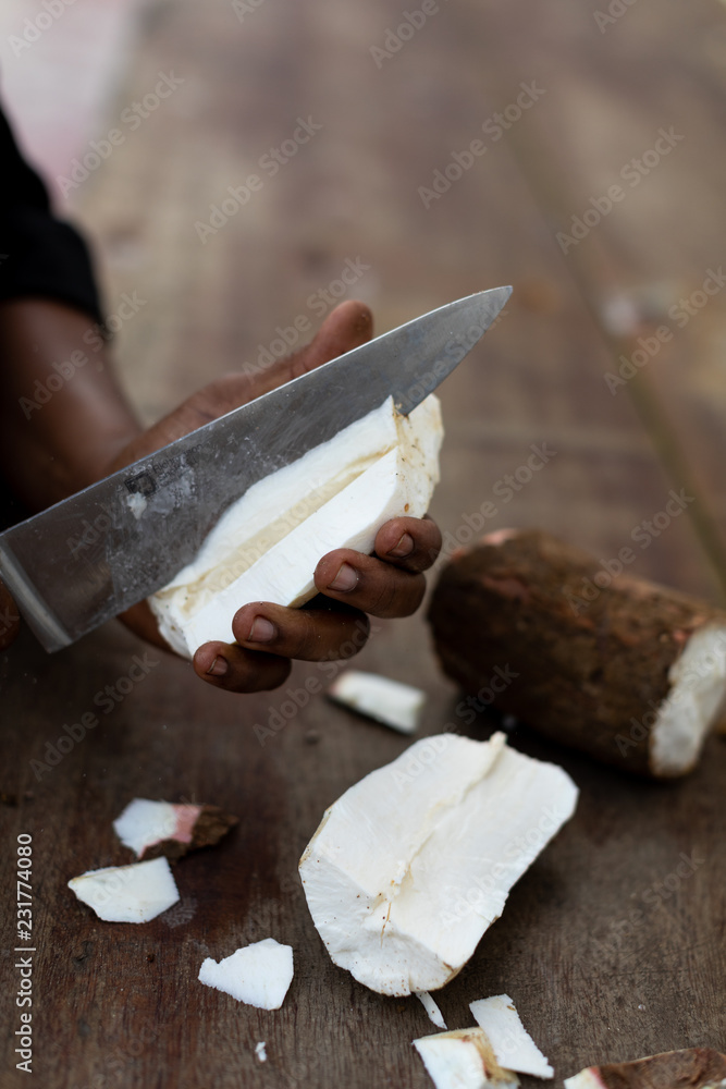 Person cutting a cassava root Stock Photo | Adobe Stock