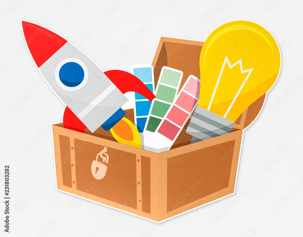 Rocket light bulb and color swatch in a treasure chest Stock Photo ...