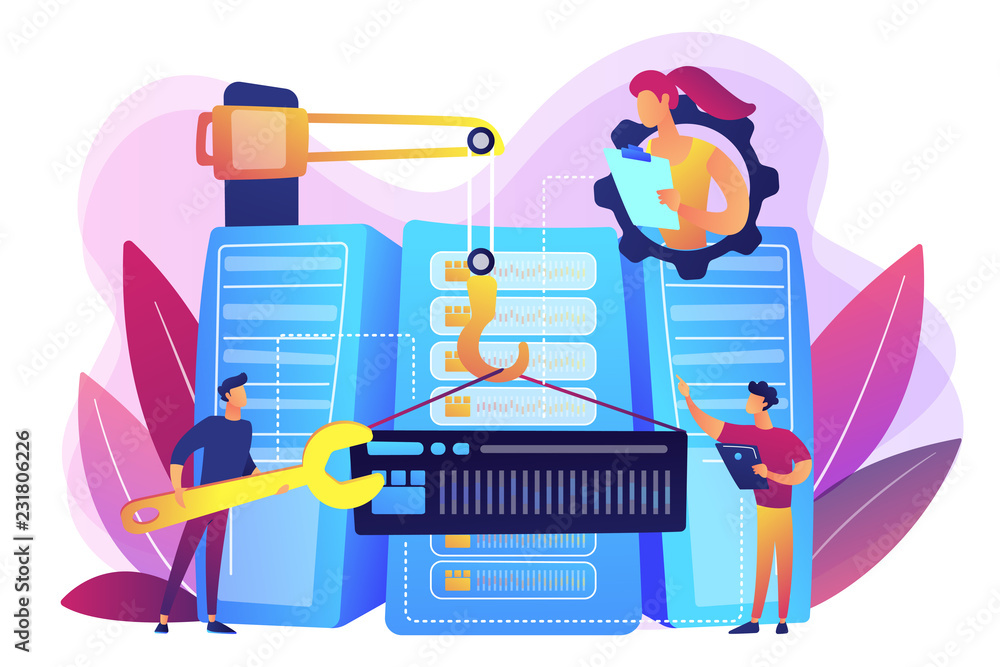 Data engineers consolidating and structuring data in data center. Big data engineering, massive ...
