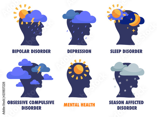 Set of mental states illustrations. Depression, bipolar, seasonal ... Set of mental states illustrations. Depression, bipolar, seasonal ...