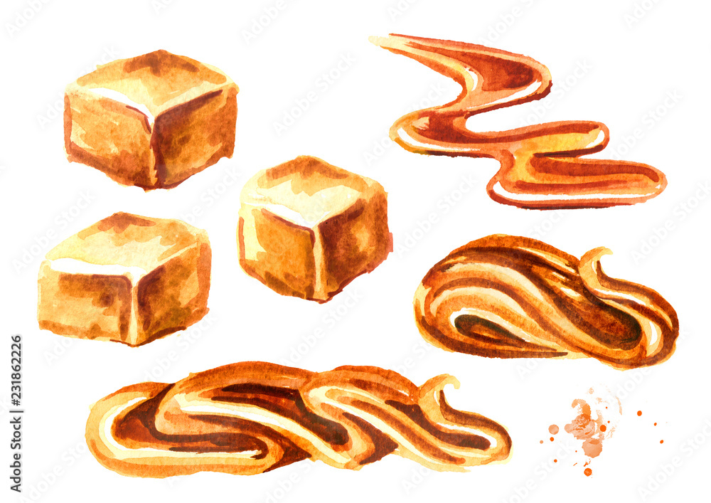 Caramel set. Watercolor hand drawn illustration isolated on white ...