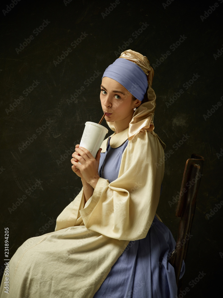 Medieval Woman in Historical Costume Wearing Corset Dress and Bonnet ...