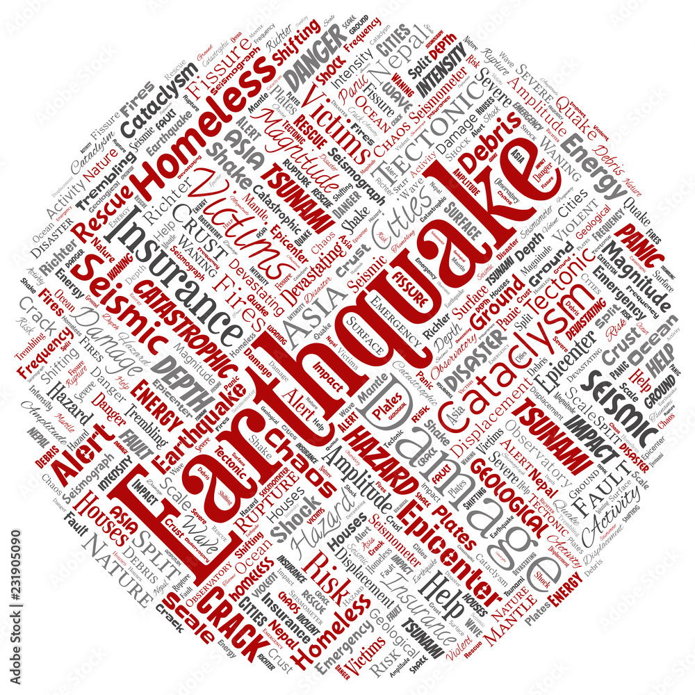 Vector conceptual earthquake activity round circle red word cloud ...