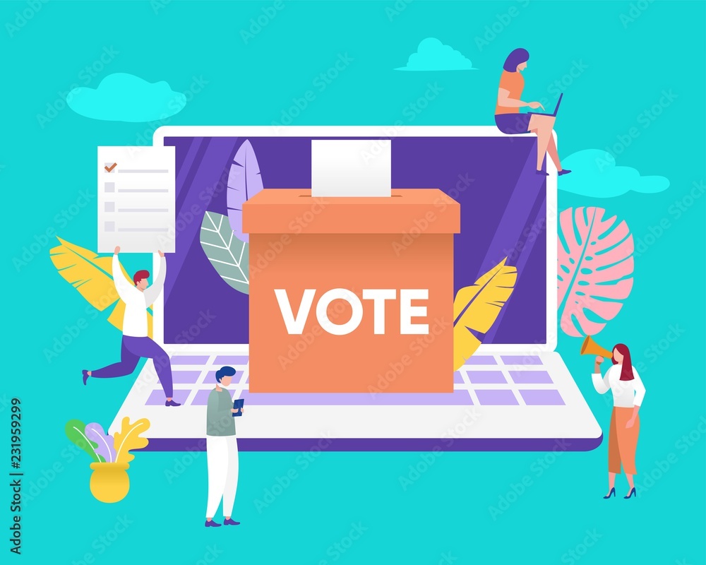 group of people give online vote and putting papper vote in to the ...