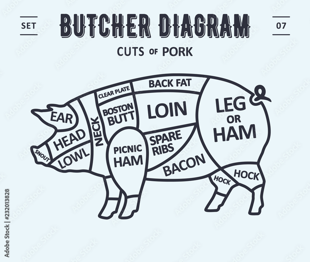 Cut of meat set. Poster Butcher diagram and scheme - Pork. Vintage ...