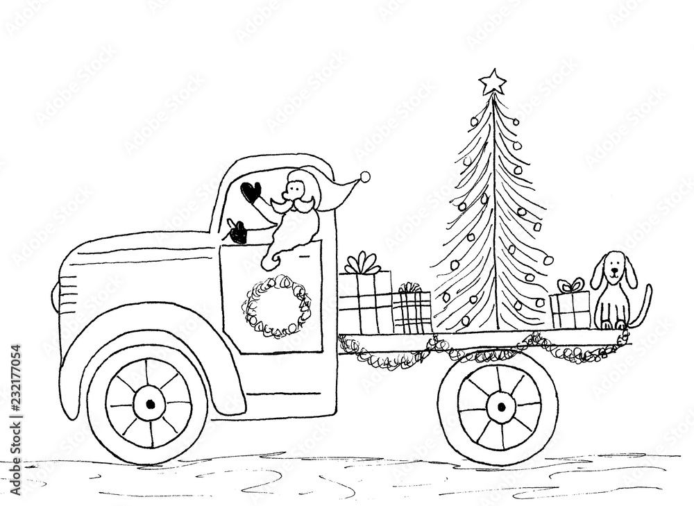 Hand drawn outline Santa Claus driving truck Christmas tree toys and ...