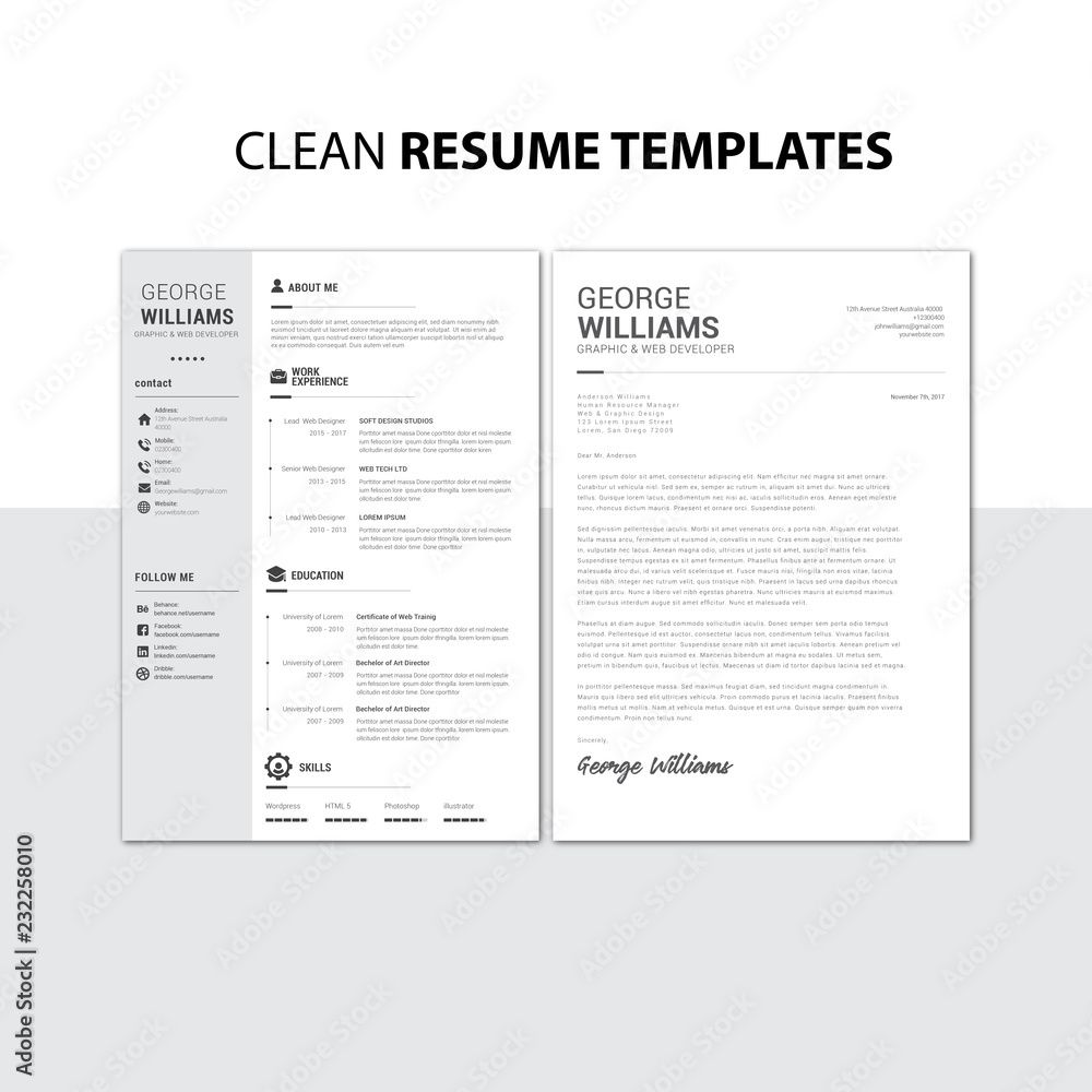 Clean Resume Templates Stock Vector | Adobe Stock