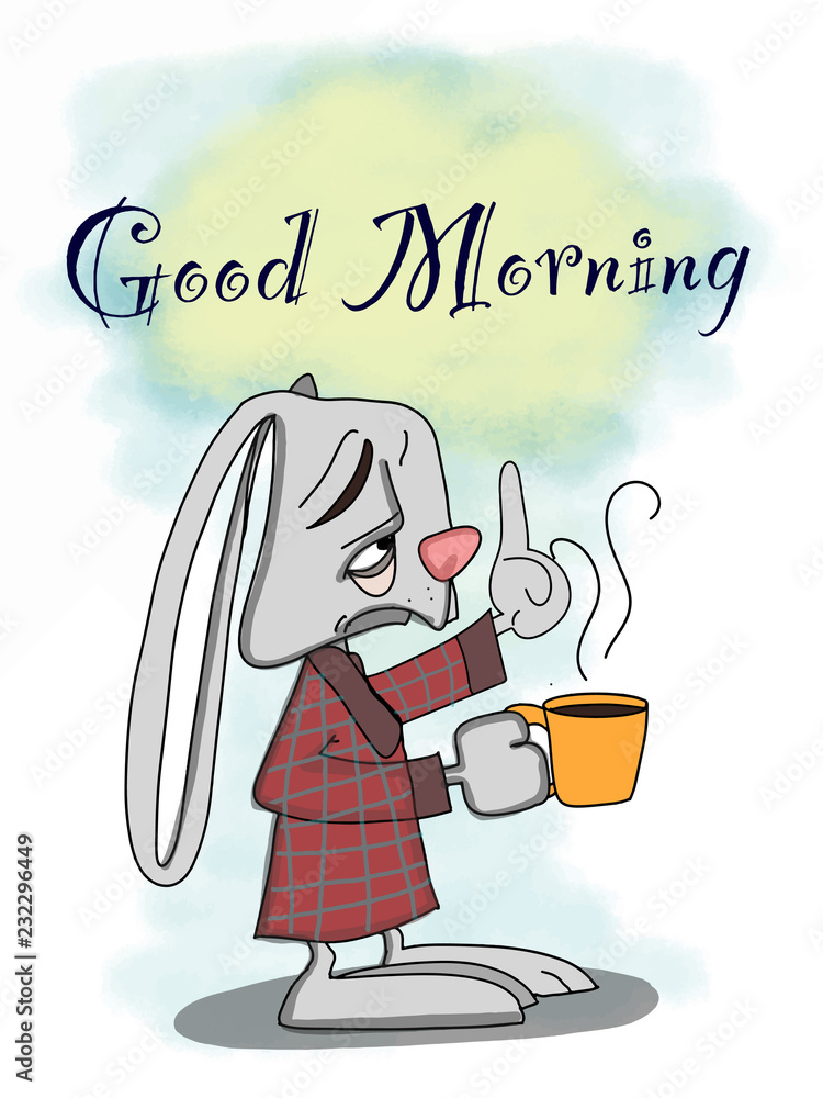 cute tired and sleeping rabbit with cafe illustration and pointing hand ...
