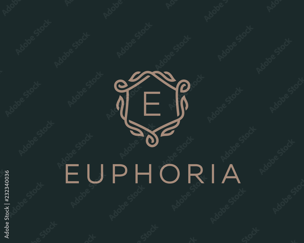 Premium linear shield monogram letter E logotype. Elegant crest leaf ...