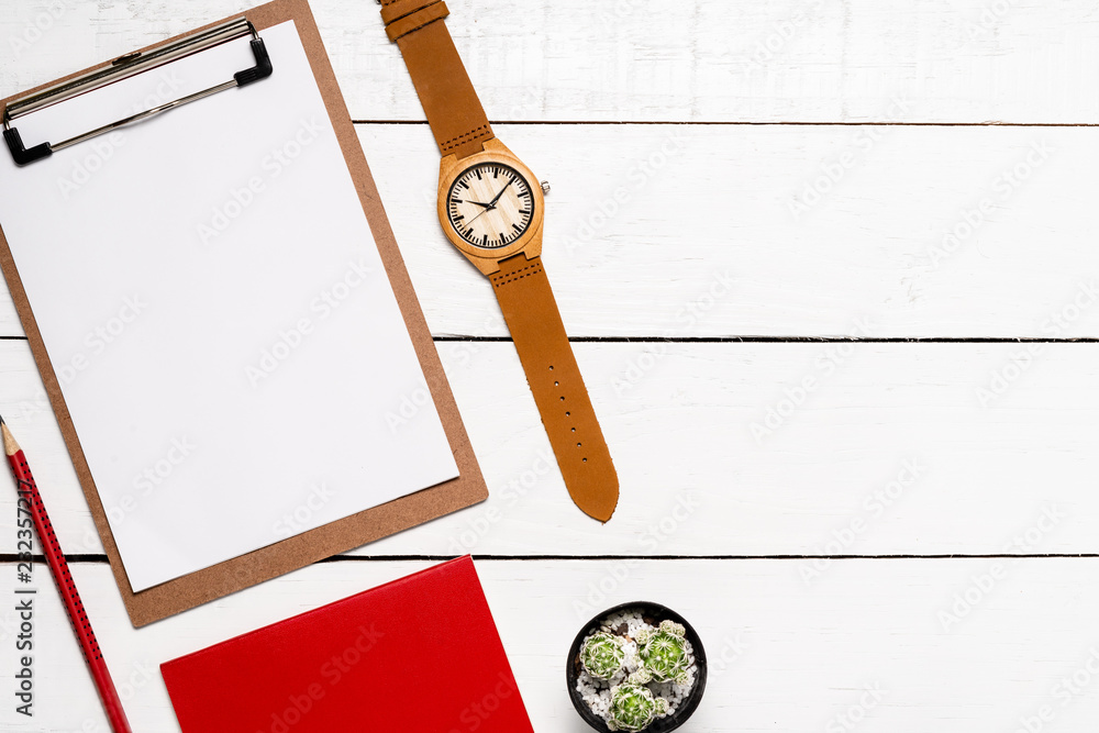 Top view of work objects on the rustic wooden background with copy ...