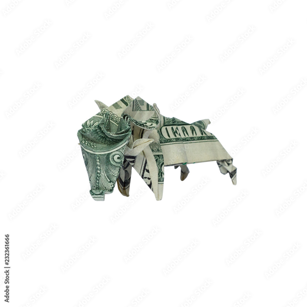 Money Origami BULL Taurus Folded with Real One Dollar Bill Isolated on ...