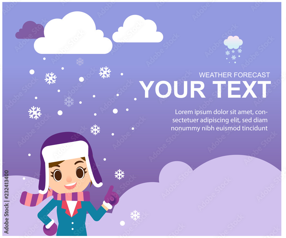 Vector female weather reporter character in snow cold winter background ...