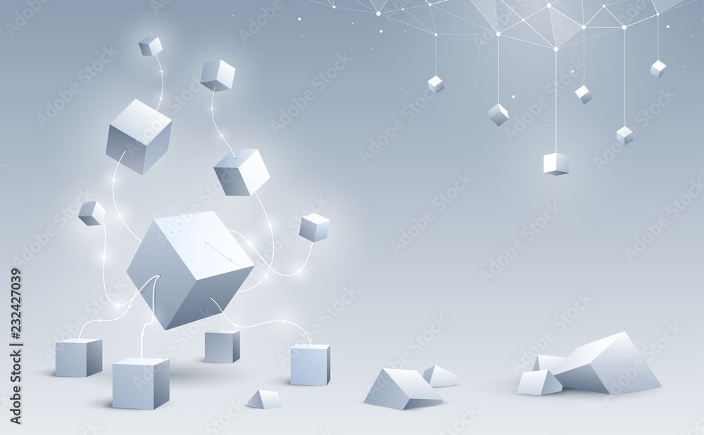 Abstract 3d cubes and background. A connection of geometric big and ...