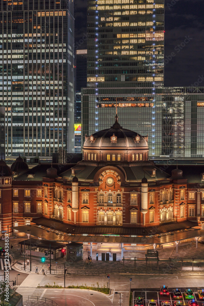 Night view of Marunouchi side of Tokyo railway station in the Chiyoda City, Tokyo, Japan. The ...