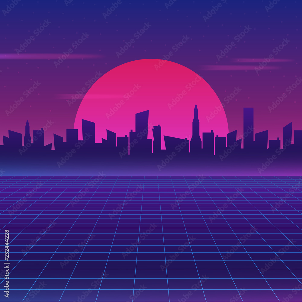 Retro future 80s style sci-fi wallpaper. Futuristic night city ...