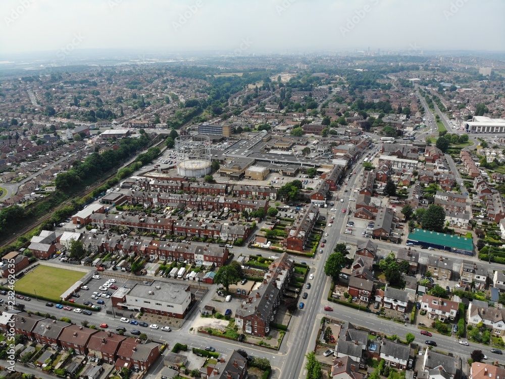 Typical UK Town aerial photo showing rows of houses, roads, parks and ...