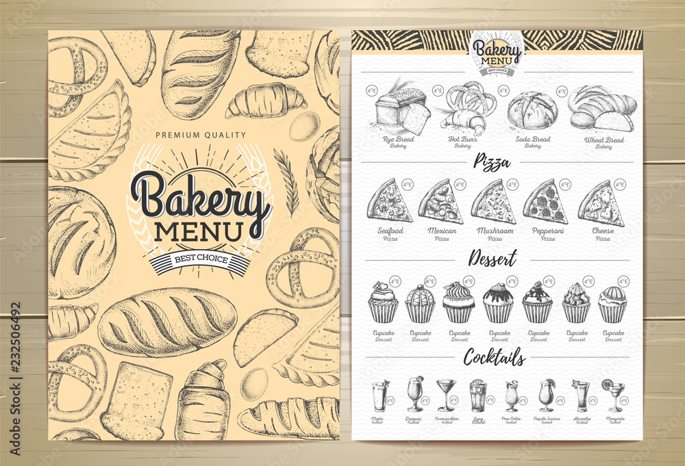 Vintage bakery menu design. Restaurant menu. Document template Stock ...