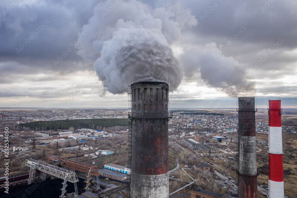 Coal fossil fuel Power Plant smokestacks emit carbon dioxide pollution ...