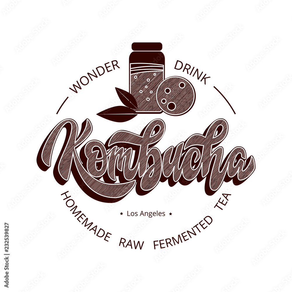Kombucha hand written vector logo. Healthy fermented probiotic tea ...
