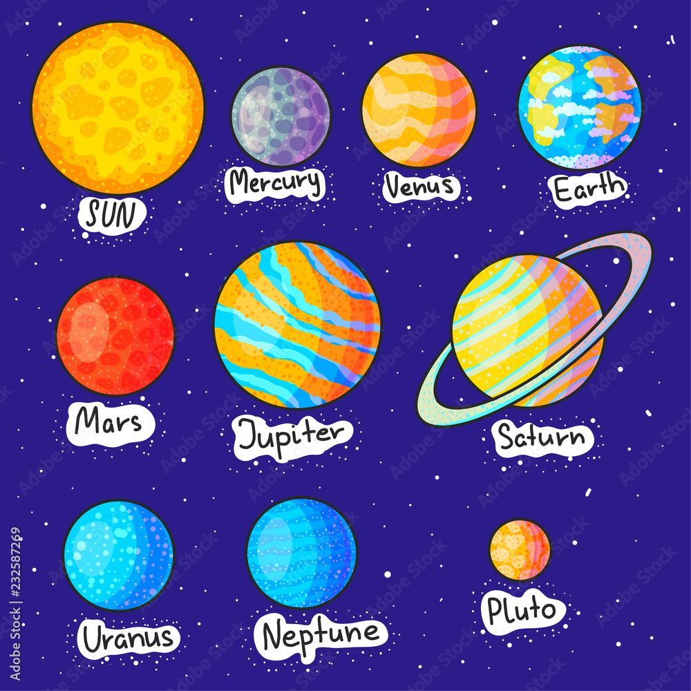 Solar system planets hand drawn cartoon vector illustrations set Stock ...