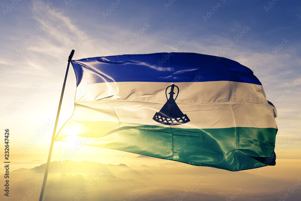 Lesotho Mosotho Basotho flag textile cloth fabric waving on the top ...