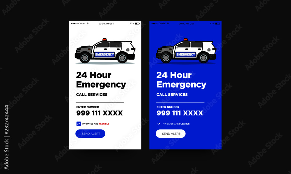 24 Hour Emergency App with SUV UX and UI For Phone Screen Stock Vector ...