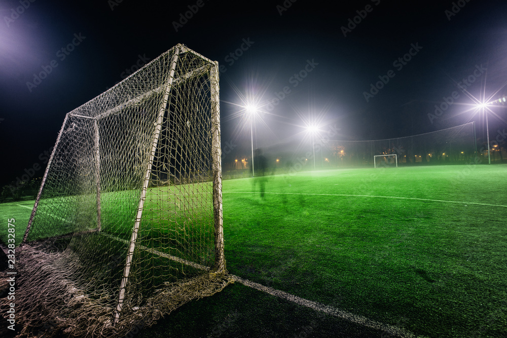 Illuminated football playground with green grass, modern football goal ...