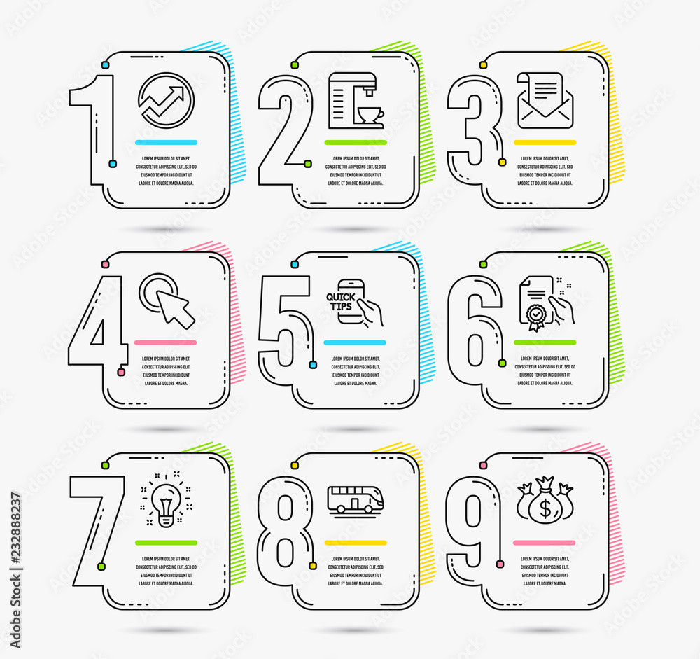 Infographic timeline set of Audit, Bus tour and Click here icons ...