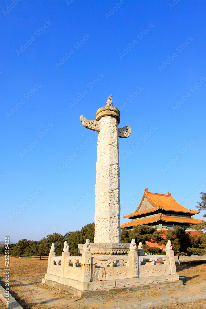 memorial hall and the ornamental columns erected in front of tombs ...